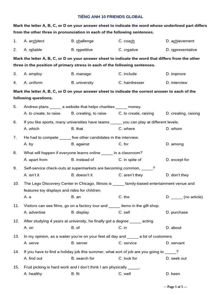 Friends Global 10 Unit 5 Exercises | PDF