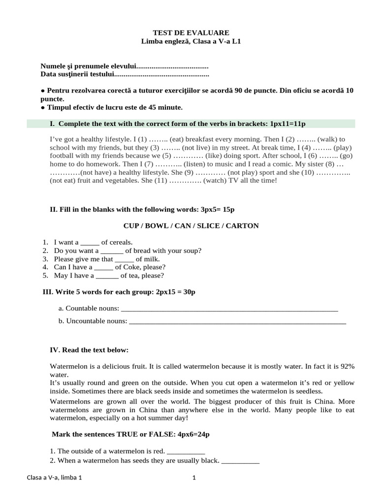 Test de Evaluare Clasa A V-A l1 | PDF | Watermelon | Noun