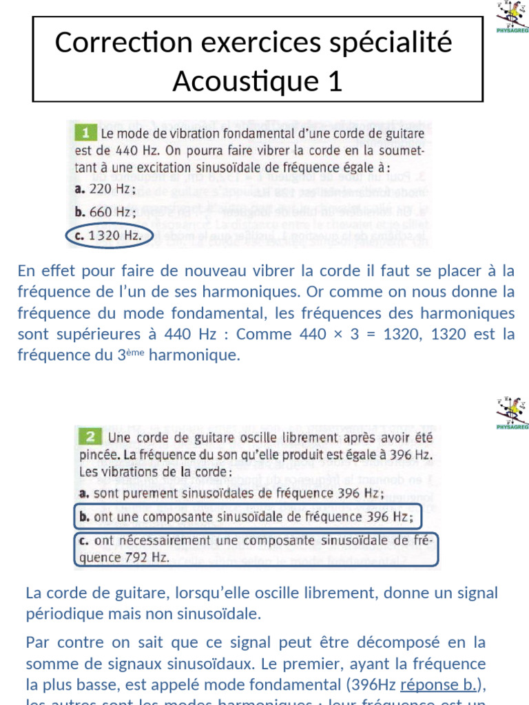 Spe Physique Acoustique1 Correction Exercices | PDF | Harmonique (musique) | Fréquence