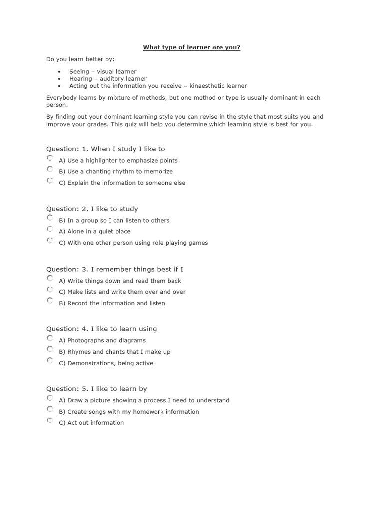 Discover Your Learning Style Quiz | PDF | Learning Styles | Learning
