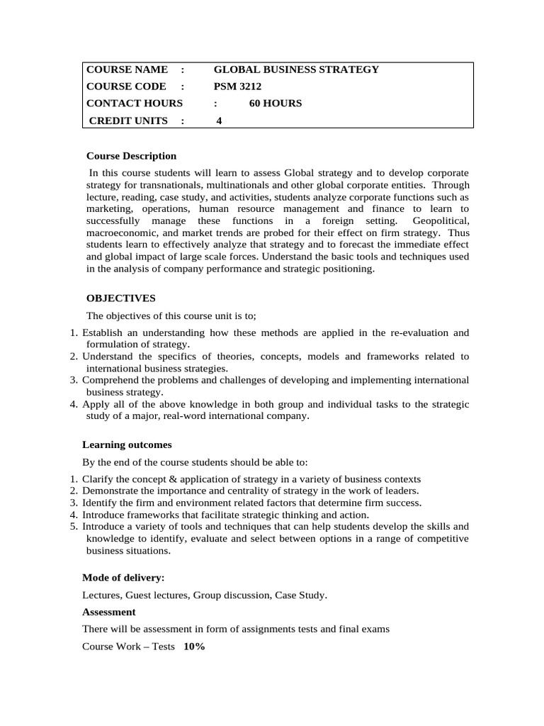 Global Business Strategy Course Overview | PDF | Strategic Management ...