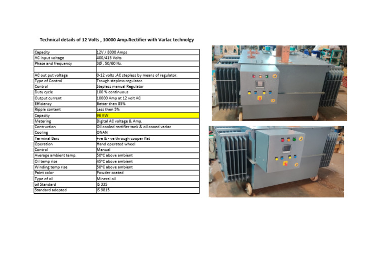 Technical Details of 12 Volts, 10000 Amp - Rectifier With Varlac ...