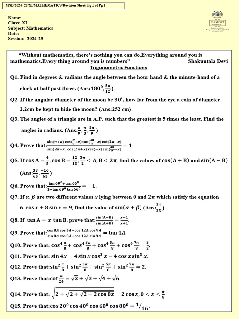 Xi - WS - Trigonometric Functions | PDF | Elementary Mathematics | Rotation