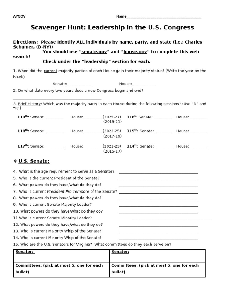 Congress Leadership Scavenger Hunt | PDF | United States House Of ...