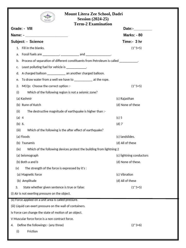 Class 8 Science Term 2 Exam Paper | PDF | Force | Fuels