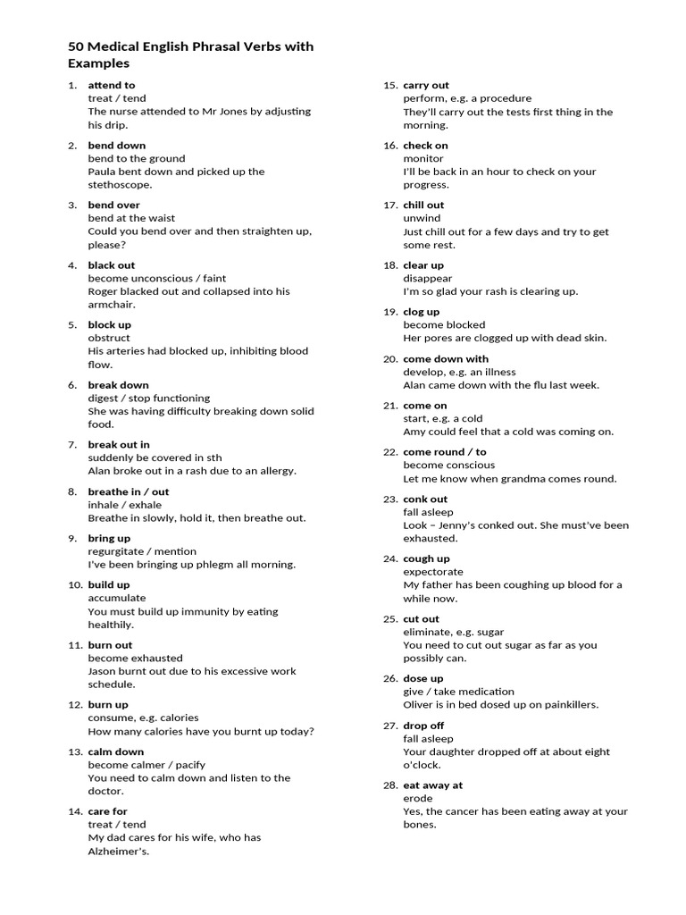 50 Medical English Phrasal Verbs With Examples | PDF | Medical ...
