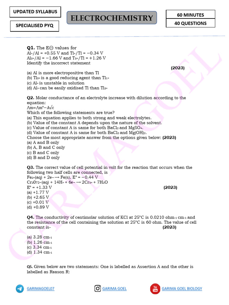 ELECTROCHEMISTRY 20 Years Specialized Pyq by Garima Goel 1 | PDF | Redox | Chemistry