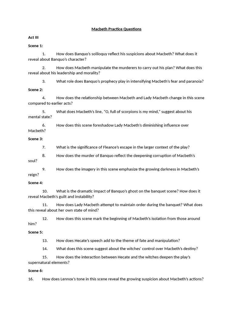 Macbeth Practice Questions | PDF | Macbeth | Shakespearean Tragedies
