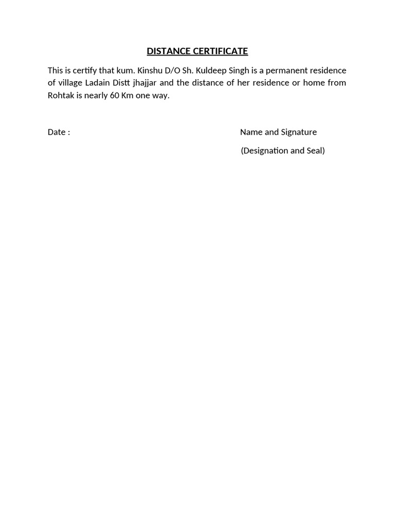 Distance Certificate | PDF