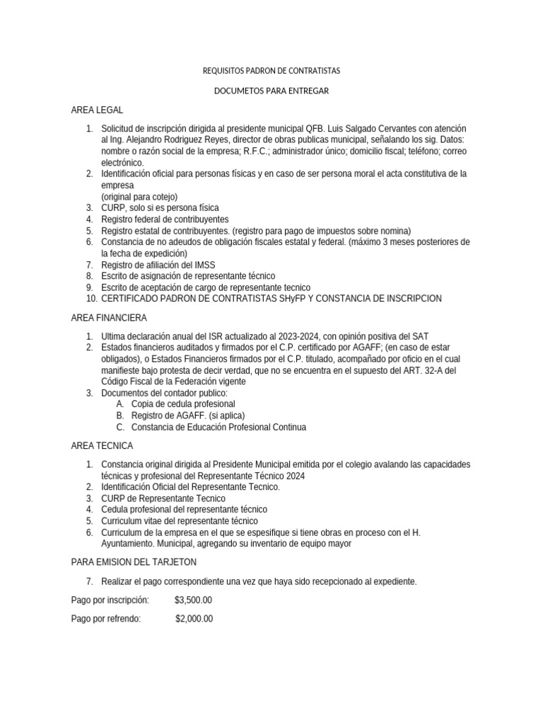 Requisitos Padron de Contratistas | PDF