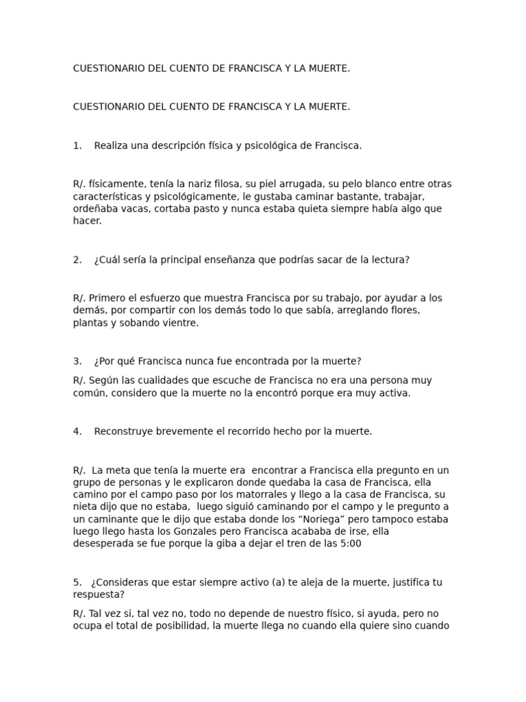 Cuestionario Del Cuento de Francisca y La Muerte | PDF