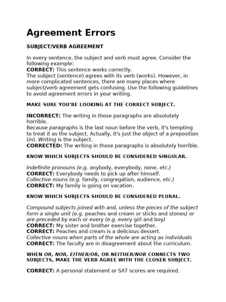 Agreement Errors Notes | PDF | Subject (Grammar) | Verb