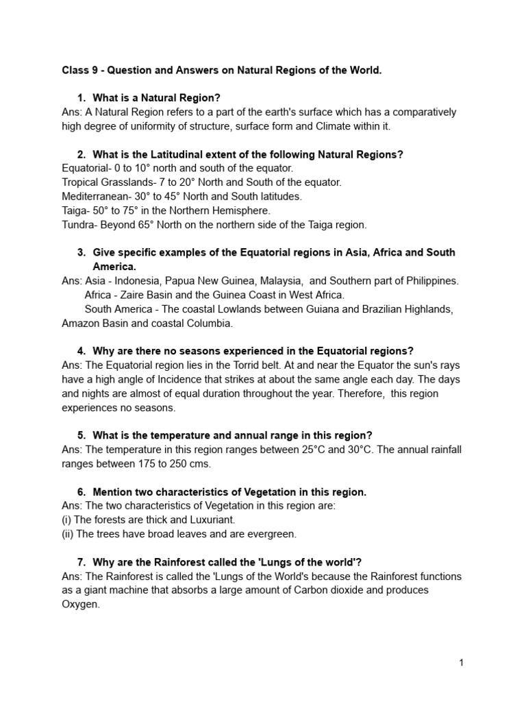 Class 9 - Q-A On Natural Regions of The World.-1 | PDF | Equator | Desert