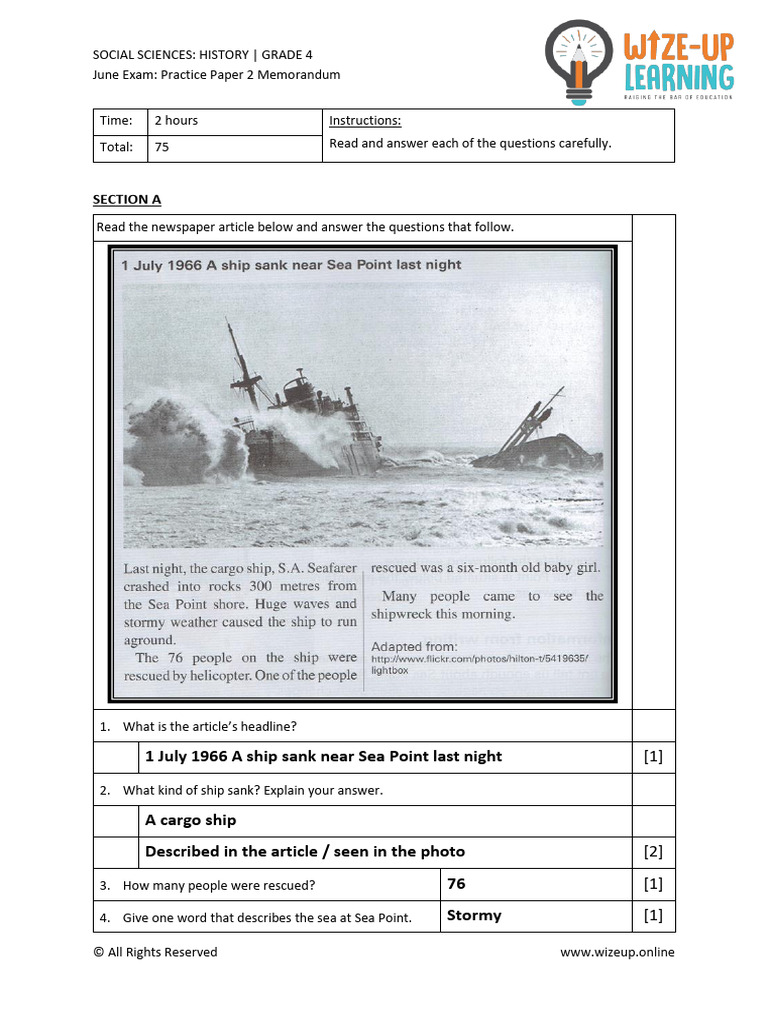 Gr4 Social Sciences History Practice Paper 2 Memo | PDF