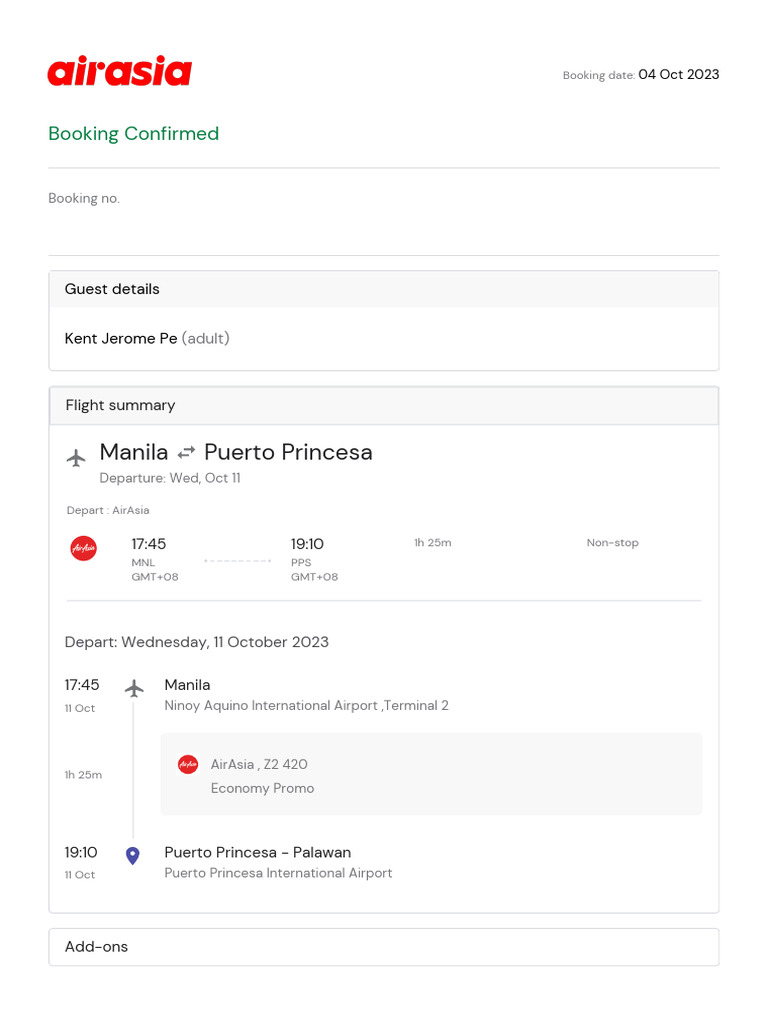 AirAsia Booking Confirmation: MNL to PPS | PDF
