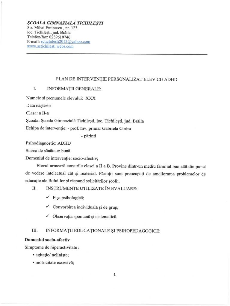 Prof Invatamant Primar Corbu Gabriela Plan de Interventie Personalizat Pentru Elev Cu ADHD | PDF