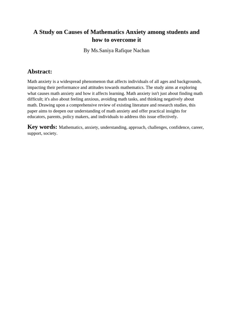 A Study on Causes of Mathematics Anxiety Among Students and How to Overcome It Abstract | PDF