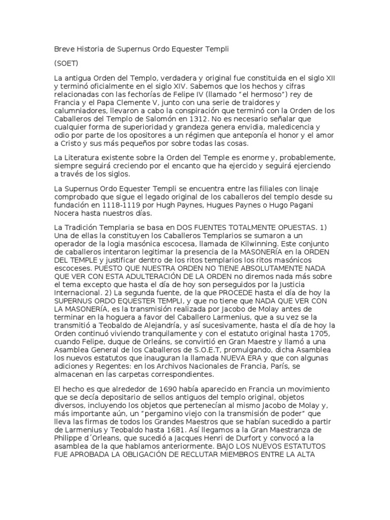 Breve Historia de Supernus Ordo Equester Templi | PDF | Caballeros ...