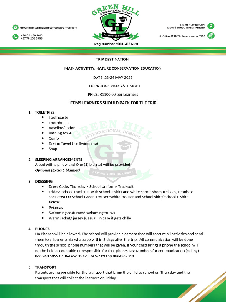 School Trip Letter and Itinerary | PDF | Clothing