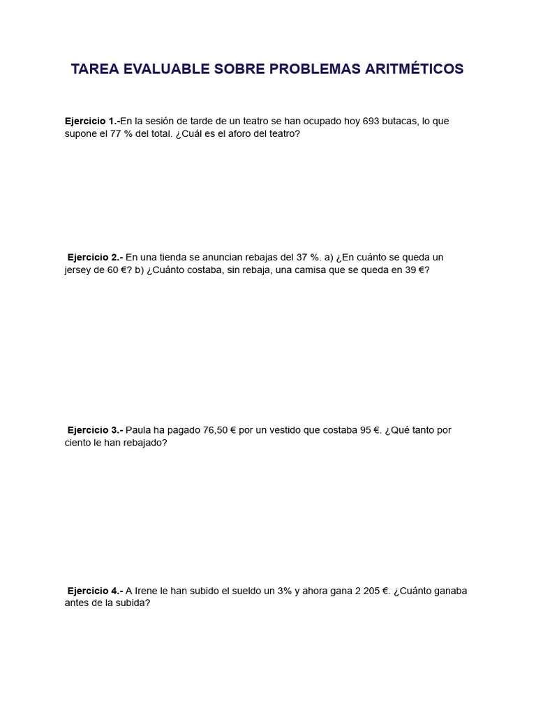 TAREA EVALUABLE SOBRE PROBLEMAS ARITMÉTICOS | PDF