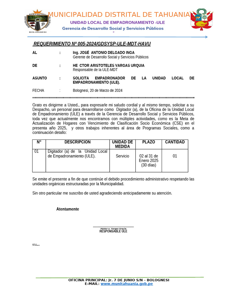 Solicitud de Digitador ULE Tahuaina | PDF
