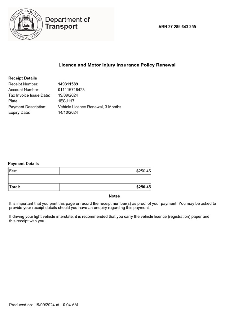 Vehicle Licence Renewal Receipt | PDF