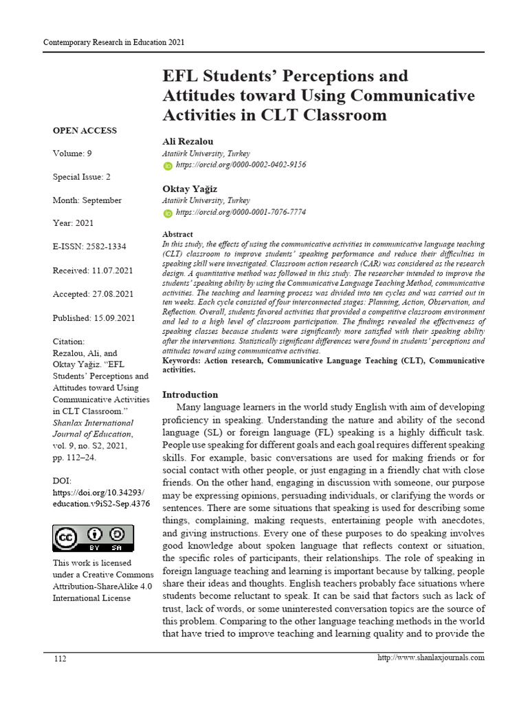 Rezalou & Yagiz, 2021 - EFL Students Perceptions and Attitudes Towards CLT | PDF | English As A ...