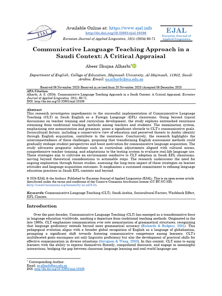 Alharbi, 2024 - Obstacles of CLT in EFL | PDF | English As A Second Or Foreign Language ...