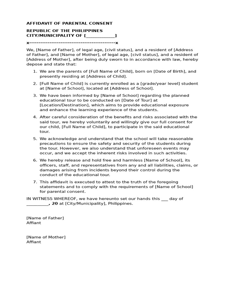 AFFIDAVIT OF PARENTAL CONSENT For Educational Tours | PDF | Affidavit | Justice