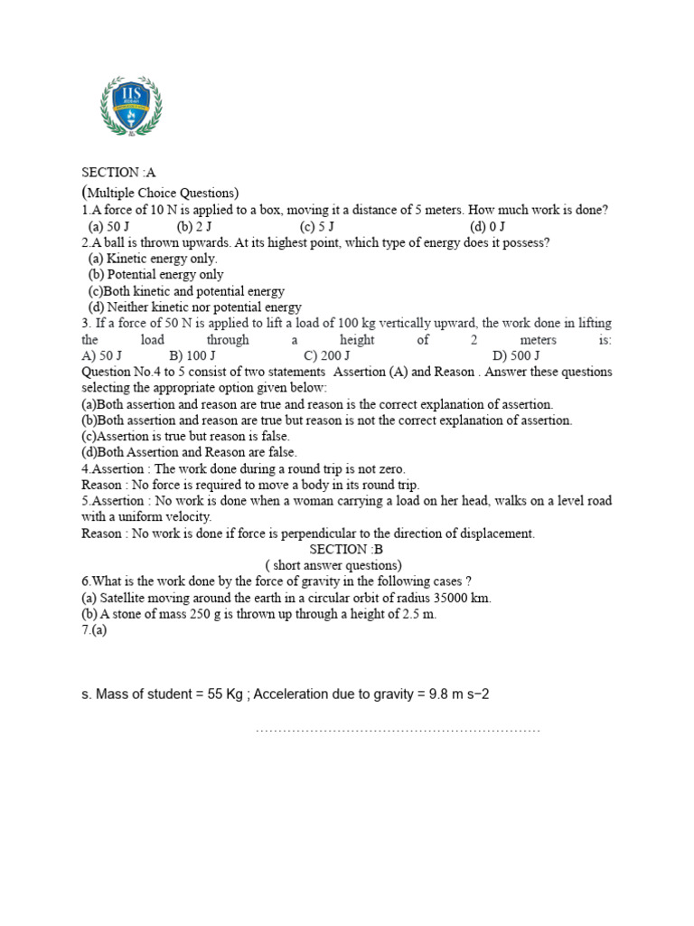 Work and Energy Worksheet | PDF | Force | Kinetic Energy