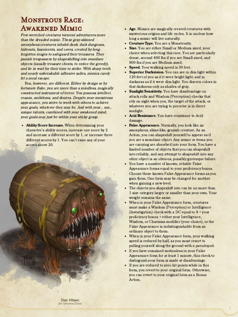 Awakened Mimic Race for D&D 5E | PDF