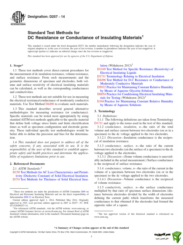 Astm D 257 2014 | PDF | Electrical Resistivity And Conductivity ...