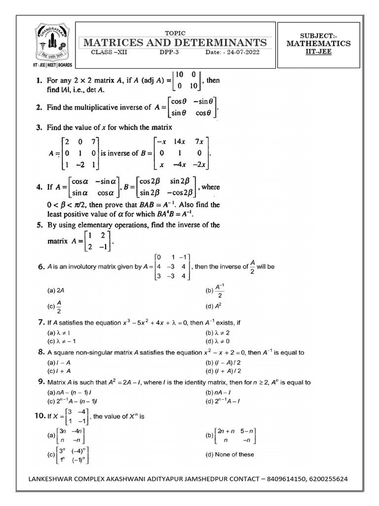 CLASS-12-DPP-3-Matrices and Determinants | PDF