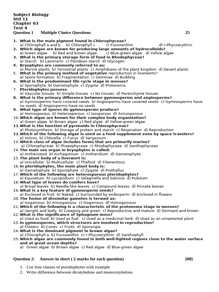 11 Biology Test 4 Chapter 3 | PDF | Plants | Biological Interactions