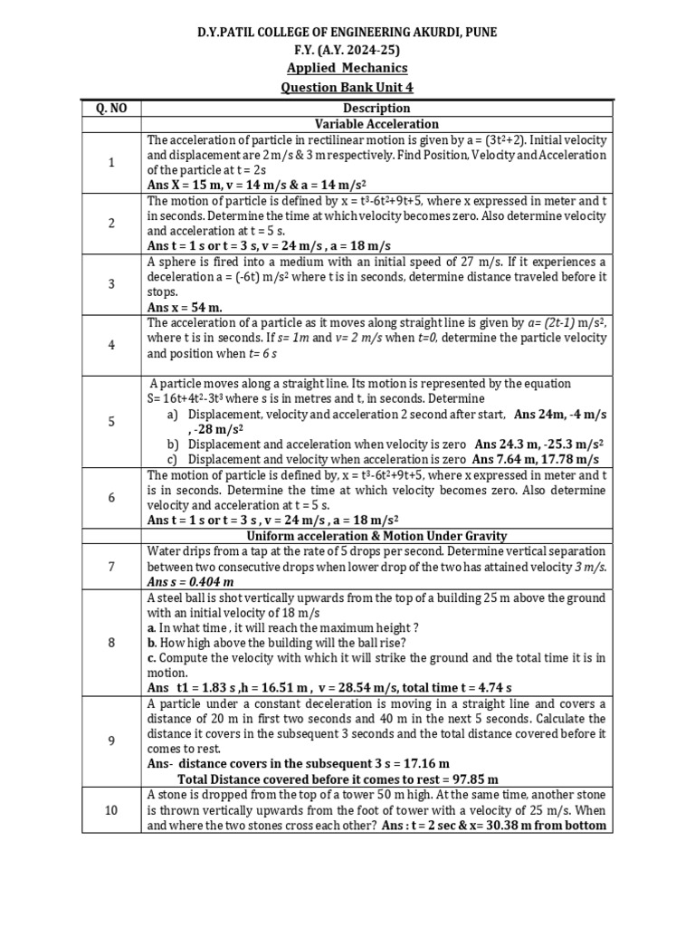 Unit 4 Question Bank | PDF | Acceleration | Mechanics Unit 4 Question Bank | PDF | Acceleration | Mechanics