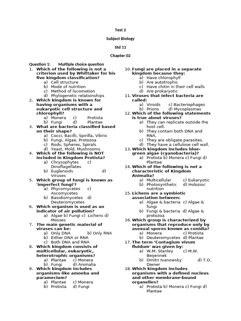 Test 3 Biology STD 11 Chapter 2 and 3 by VIshal Sir | PDF | Fungus ...