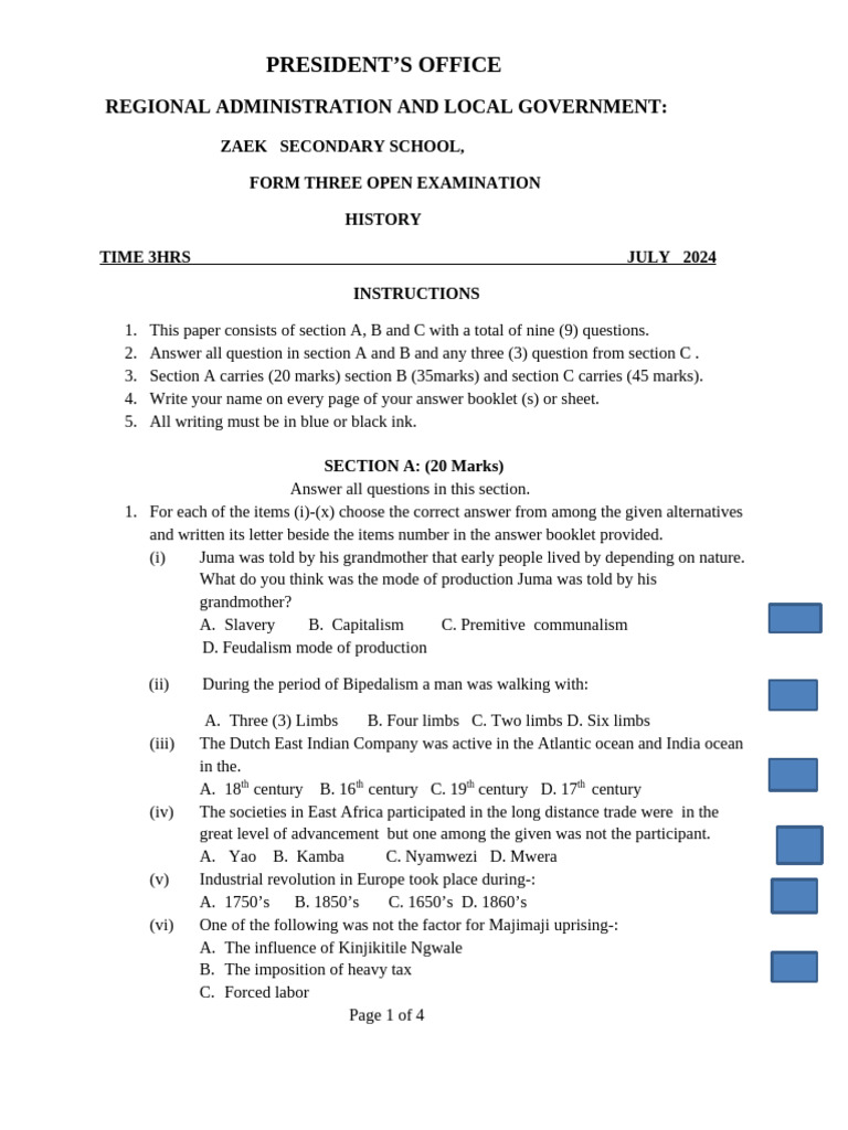 History Form 3 .Mid-Term Test | PDF | Africa