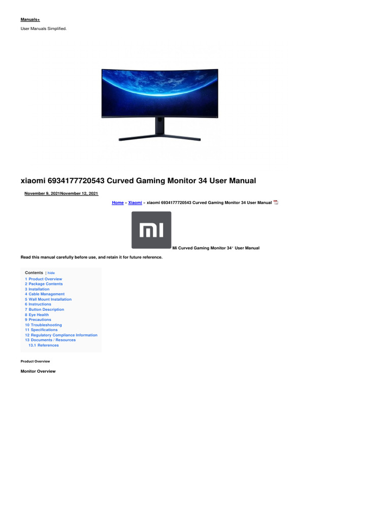 Curved Gaming Monitor 34 Manual | PDF | Computer Monitor | Hdmi