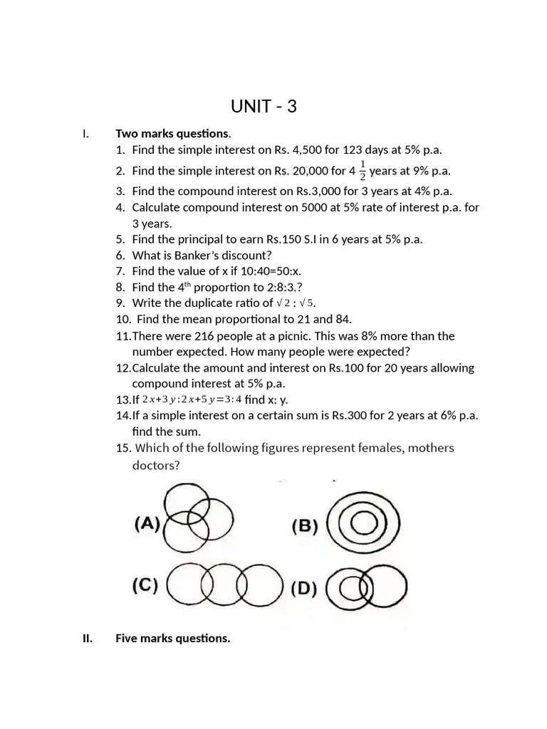 UNIT - 3 Two and Five Marks Questions | PDF | Interest | Compound Interest