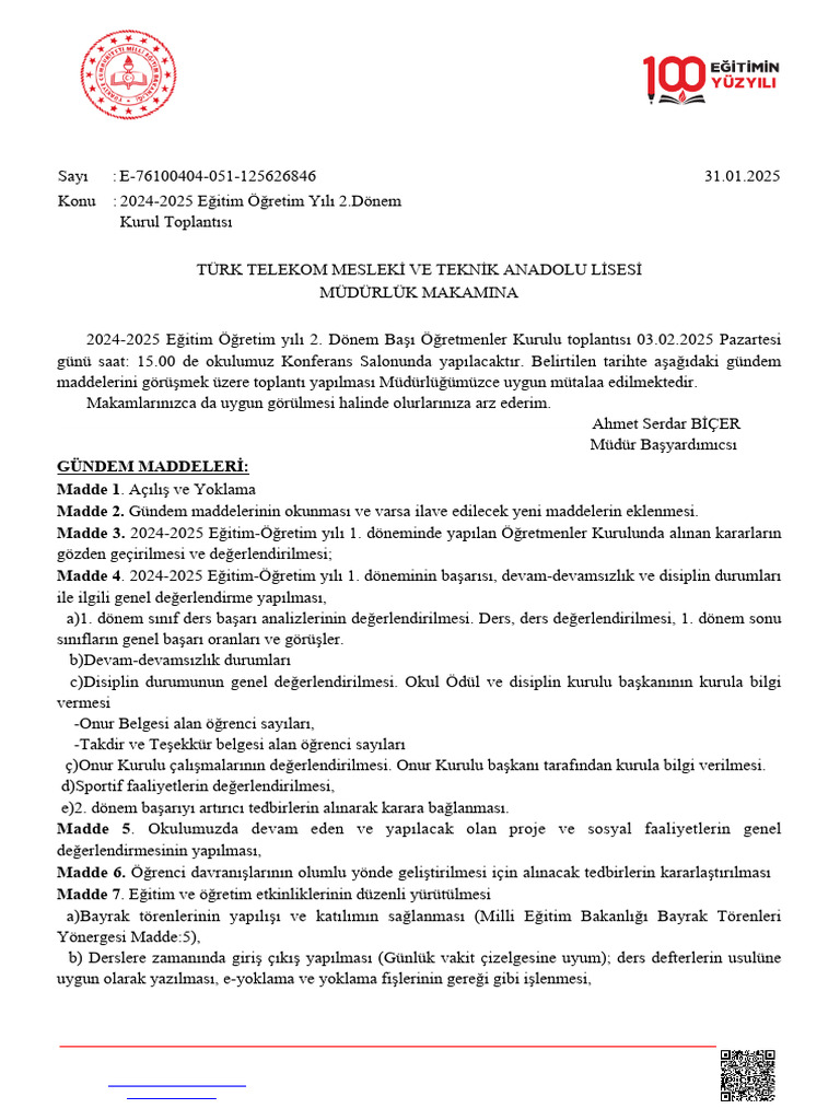 2. Dönem Öğretmenler Kurul Toplantısı | PDF