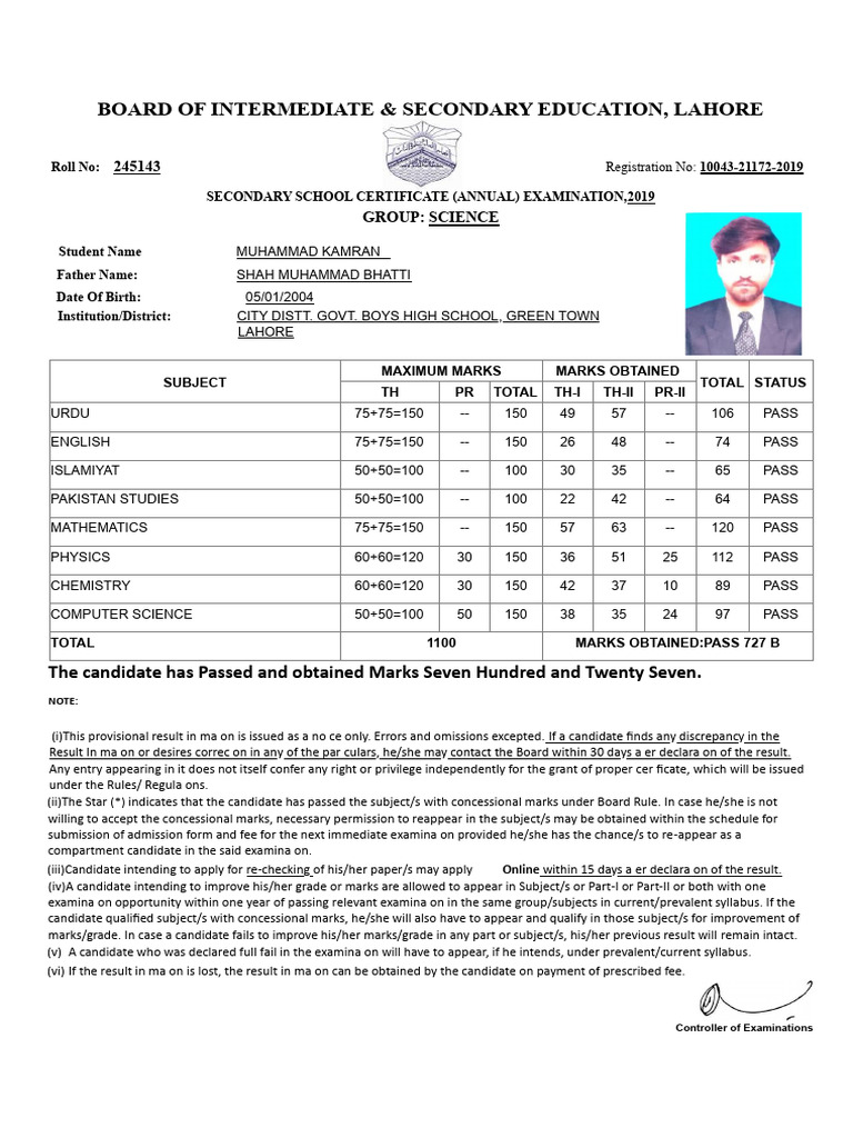 AWAIS Matric Result Card | PDF