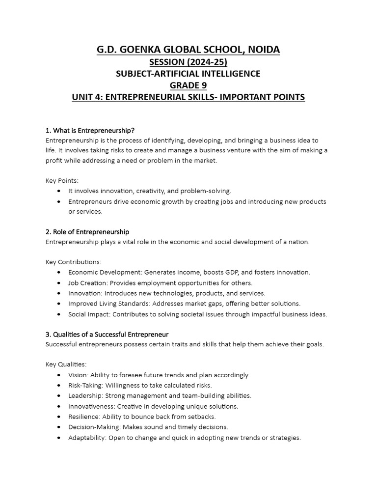 Entrepreneurial Skills for Grade 9 AI | PDF | Entrepreneurship | Employment