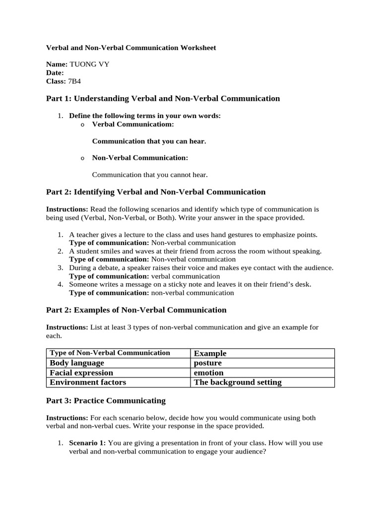 Grade 1 Verbal and Non-Verbal Worksheet | PDF | Nonverbal Communication ...