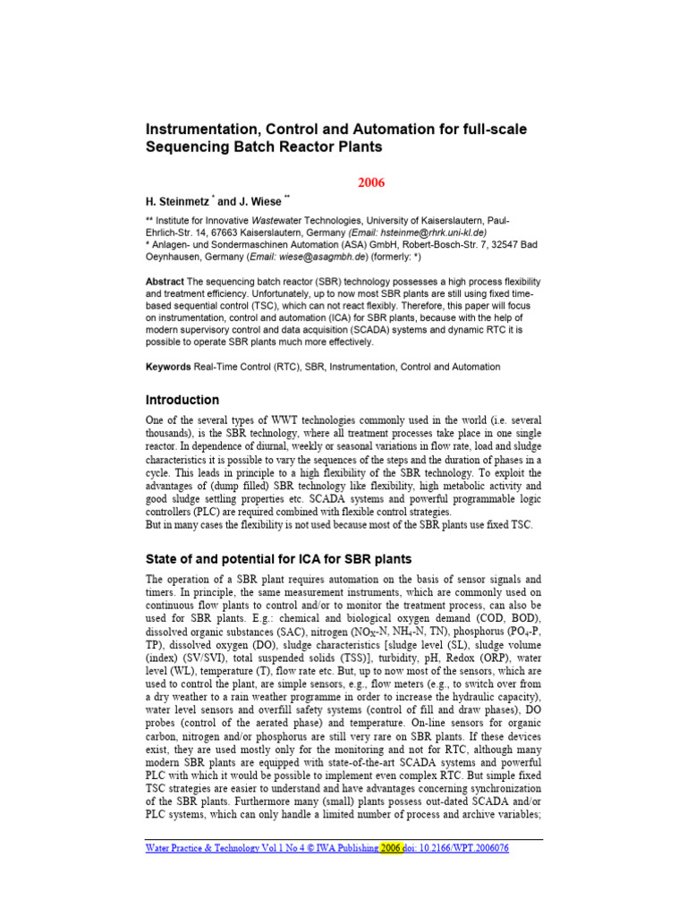 Instrumentation, Control and Automation for full-scale Sequencing Batch Reactor SBR | PDF ...