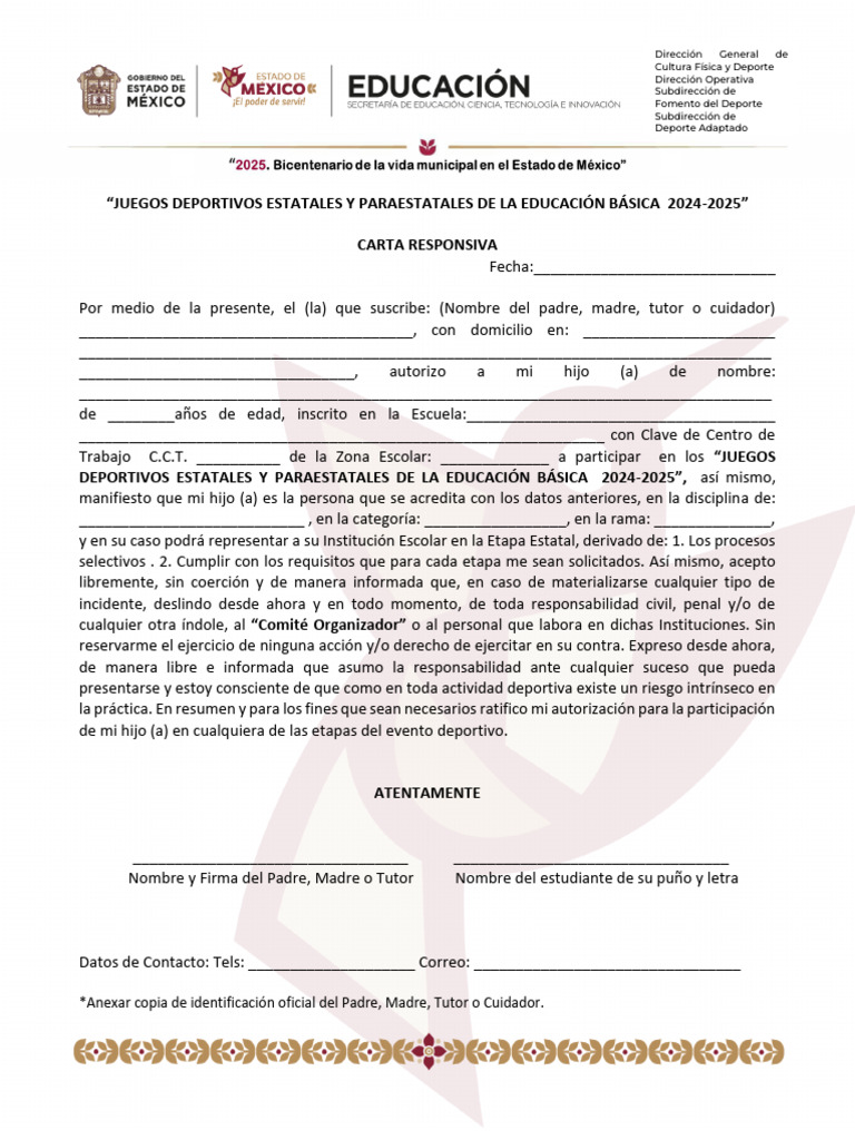 Machote Carta Responsiva Juegos Estatales y Paraestatles de La ...