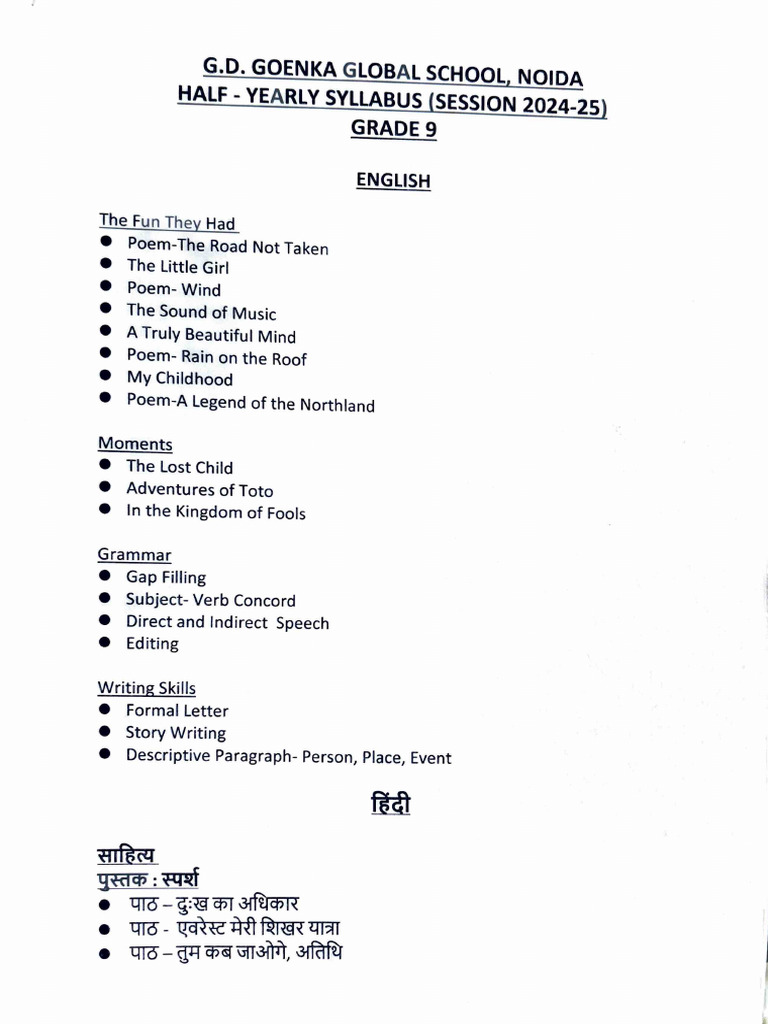 Grade 9 Half Yearly Syllabus | PDF