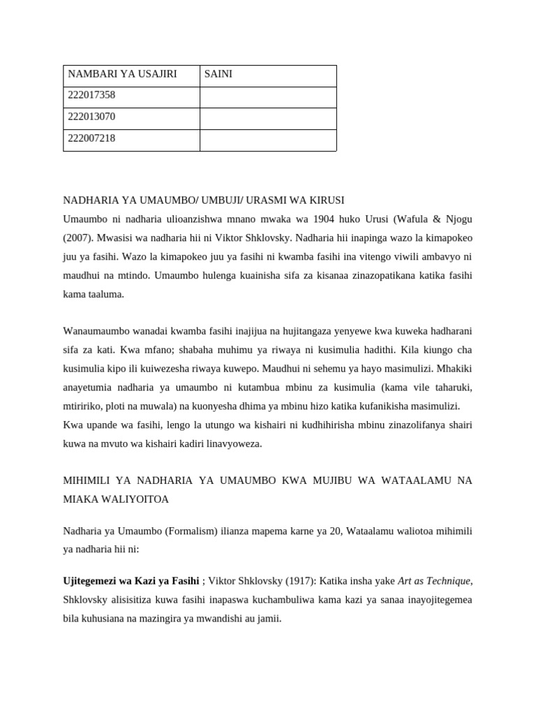 Kazi Kuhusu Nadharia Ya Umaumbo | PDF