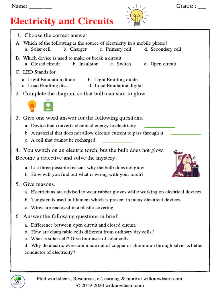 Electricity and Circuits Class 6 Worksheet 0 2020 21 06 092450 | PDF