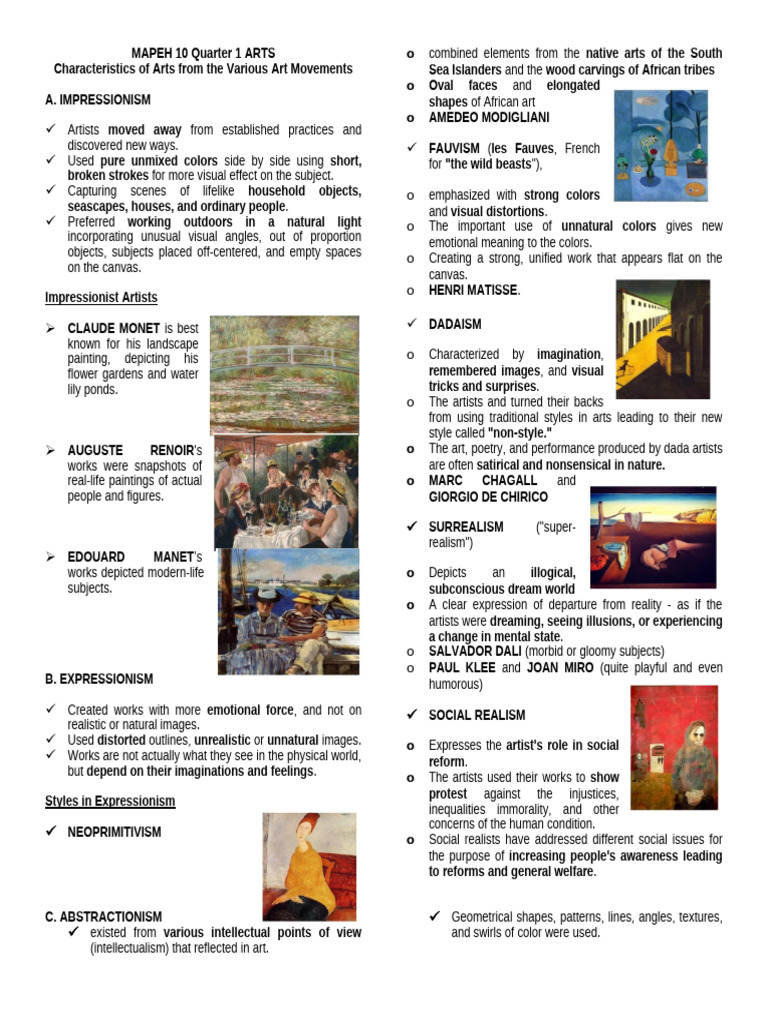 MAPEH 10 Quarter 1 ARTS Characteristics of Arts From The Various Art ...