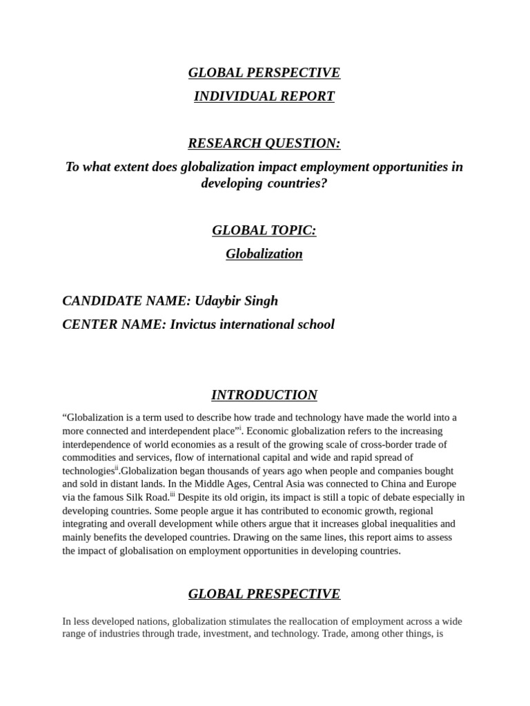 Grade LS-8 Global Perspectives Indiviual Report On Topic (GLOBALIZATION ...